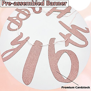 WOJOGO Sweet 16 Party Decorations Rose Gold 16th Birthday Decorations for Girls Pre-strung Happy 16th Birthday Party Banner Hanging Swirls Birthday Cake Topper Balloons