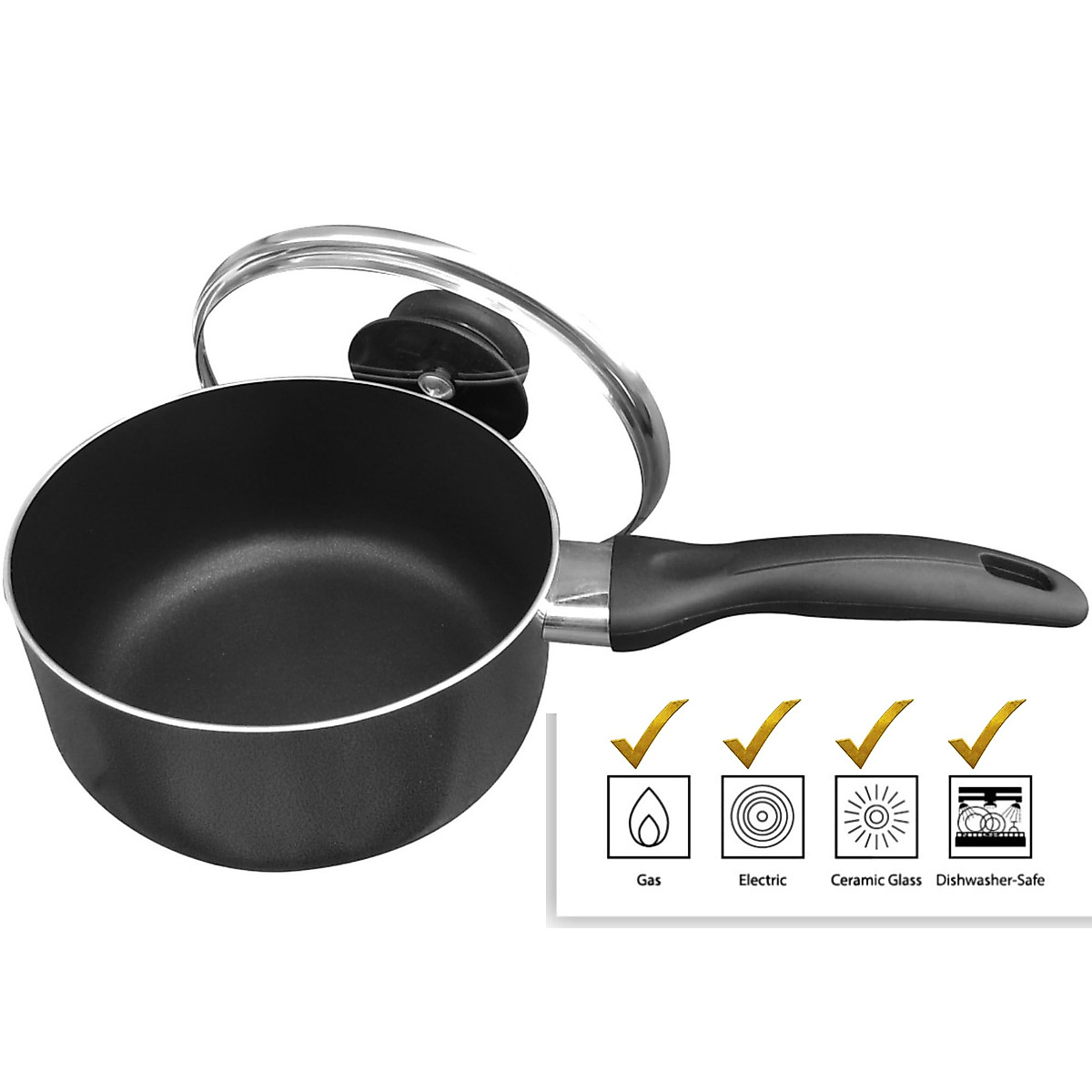 Bene Casa - Non-Stick Aluminum Saucepan with Lid - 2 Qt. Capacity - Oven and Dishwasher Safe - Cool Touch Handle