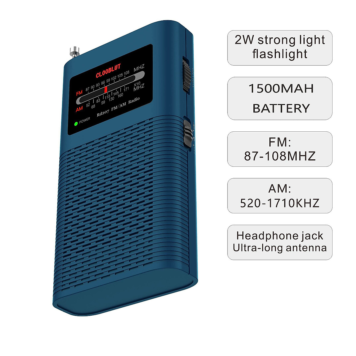Portable Pocket AM FM Transistor Radio Powerful Flashlight Powered by 1500mah Battery (Included),Ultra-Long Antenna Best Reception Best Sound Quality (Blue)