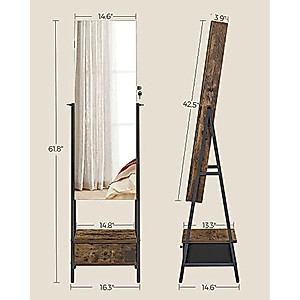 SONGMICS LED Cabinet Standing, Lockable Jewelry Armoire with Full-Length Mirror, Space-Saving Jewelry Organizer with Mirror, Bottom Drawer and Shelf, Gift Idea, Rustic Brown UJJC025X01