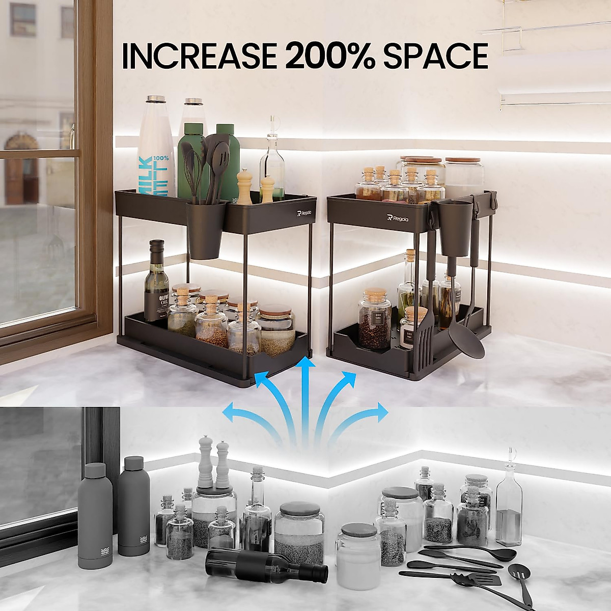 Regoia Under Sink Organizer and Storage 2 Pack with 1 Sponge Holder for Kitchen Sink, 2-Tier Sliding Bathroom Organizers and Storage, Kitchen Countertop Organization with Hooks and Hanging Cup, Black