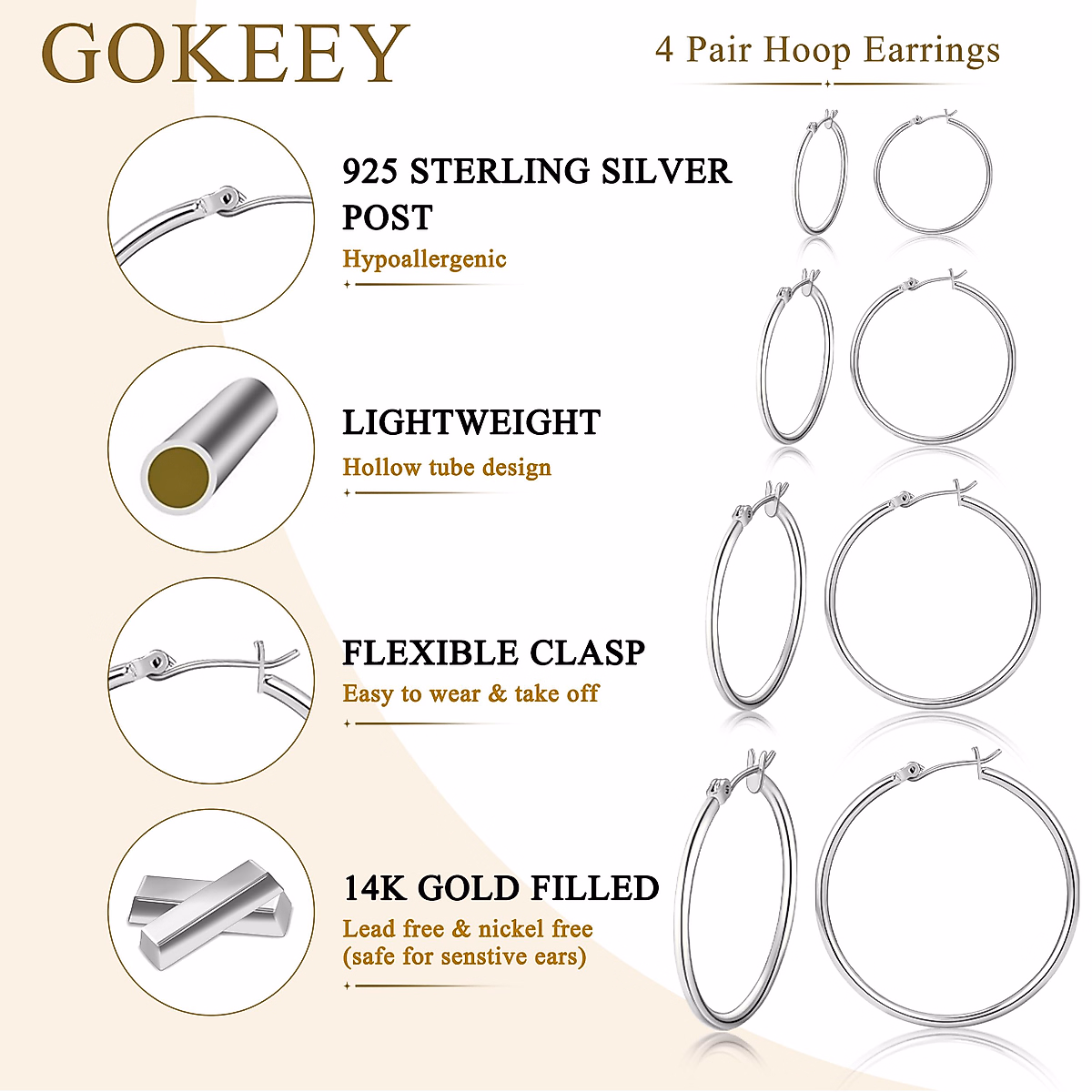 Gokeey Silver Earrings for Women Trendy, Hypoallergenic Silver Hoop Earrings for Women, Small Hoop Earrings Huggie Hoops Earrings for Jewelry Gifts 14mm 20mm 30mm 40mm