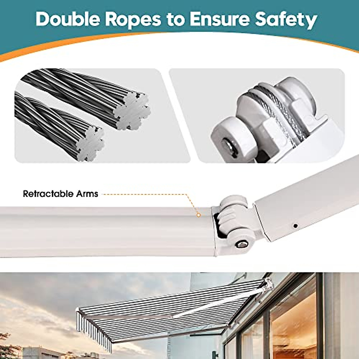 MCombo 13x8 Feet Manual Retractable Patio Door Window Awning Sunshade Shelter Outdoor Canopy (Grey with White Stripes)