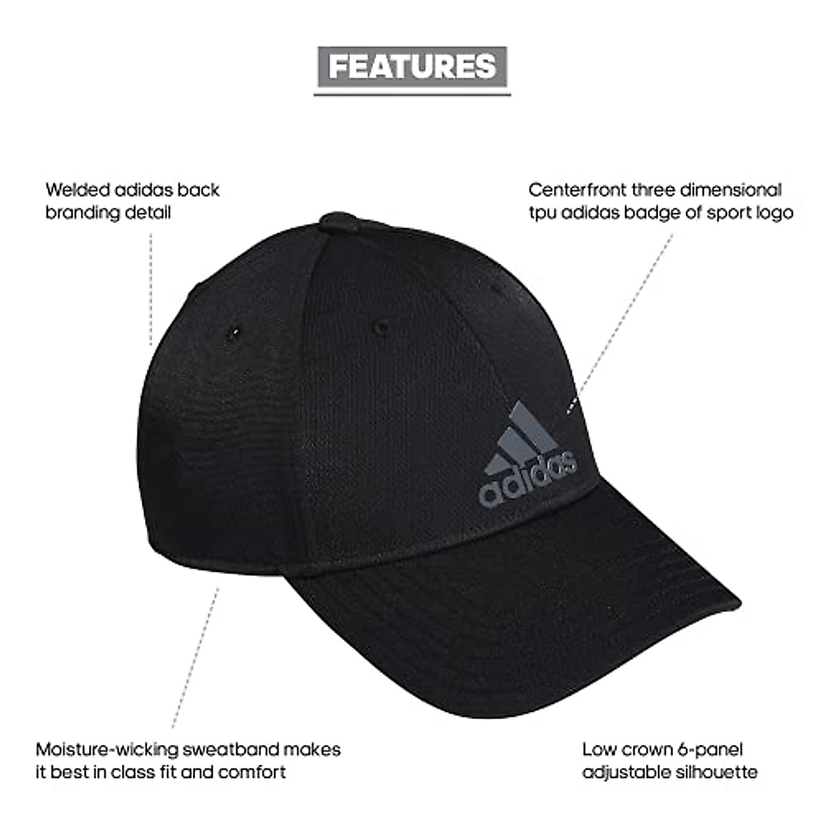 adidas Men's Decision Structured Low Crown Adjustable Fit Hat, Black/Onix Grey, One Size