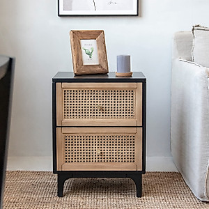 COZAYH Set of 2 Fully-Assembled 2-Drawer Woven Cane Front Accent Nightstand with Brass Knobs, Black