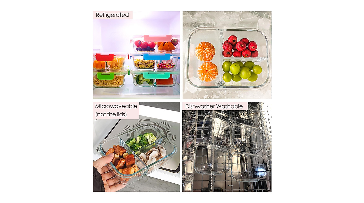 HAKEEMI 5-Pack,3 Compartment Glass Meal Prep Containers Set,34oz ...