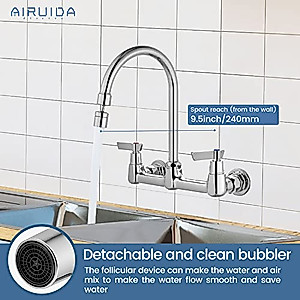 Airuida Chrome Polish Wall Mount Kitchen Sink Faucet, Wall Mounted Faucet 8 Inches Center, Wall Mount Commercial KinkFaucet, 2 Handle Restaurant Tap Swivel Spout Wall Mounted Utility Sink Faucets