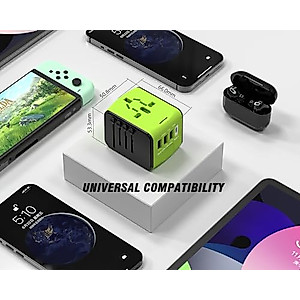 RXSQUL Universal International Power Travel Plug Adapter, 5 in 1 European Adapter W/ 2.4A 3xUSB-A 3.0A 1xUSB C Wall Charger and Worldwide AC Outlet for Europe USA UK AUS Asia-Green