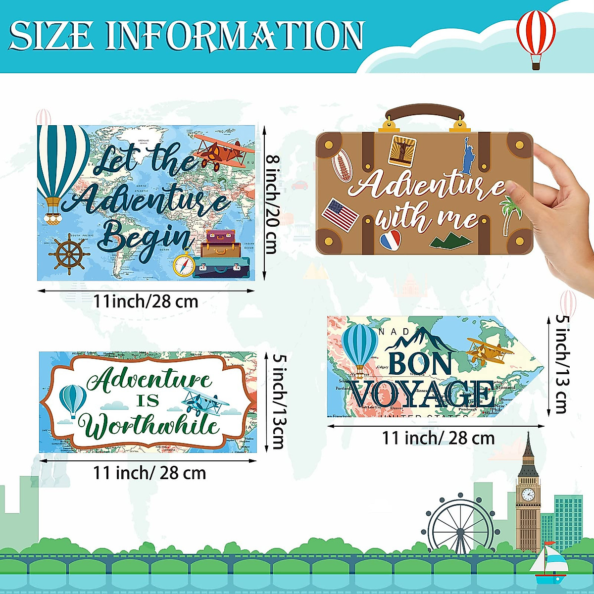 20 Pcs Travel Themed Party Decorations Set Let The Adventure Begin Sign Signs Bon Voyage for Birthday Baby Shower Decorations, 11 x 8 Inch, 5 Inch
