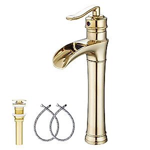 Brushed Gold Bathroom Faucet GGStudy Waterfall Bathroom Faucet Single Handle One Hole Tall Body Farmhouse Bathroom Vessel Sink Faucet Vanity Faucet Matching with Pop Up Drain