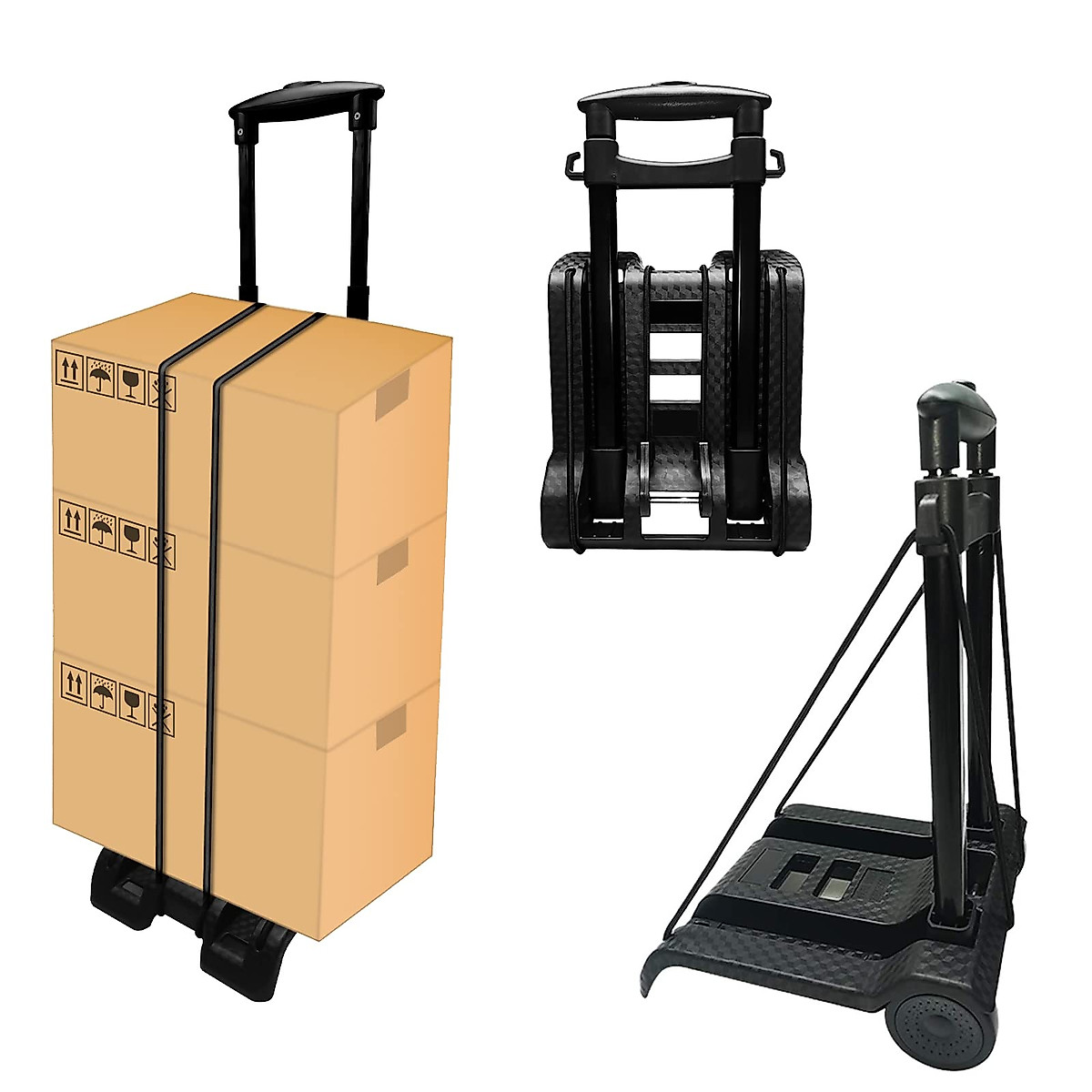 Folding Hand Truck Trolley 80Kg/176Lbs Heavy Duty Luggage Utility Cart with Rotate 4 Wheels Warning Sign Telescoping Handle Portable Fold Up Dolly Bungee Cord for Moving Shopping Travel(Black Pro)