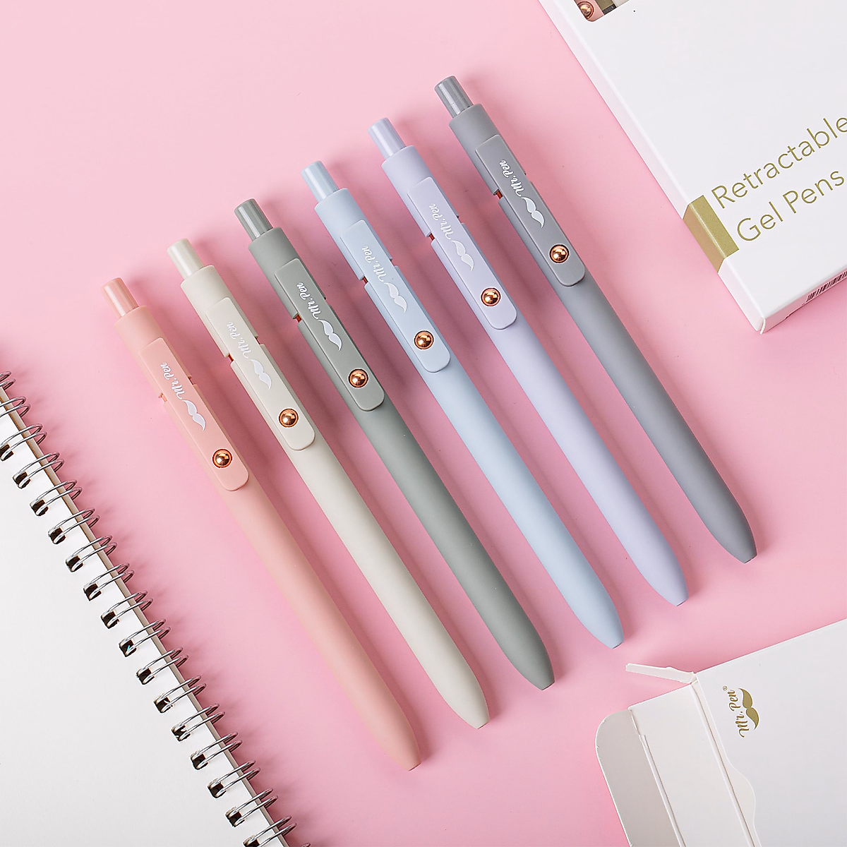 Mr. Pen- Retractable Gel Pens with Rose Gold Ring and Ball, 6 Pack, Morandi Barrels, Japanese Black Gel Pens, Fast Dry, Gel Pens Fine Point 0.5mm, Smooth Writing Aesthetic Pens for Journaling