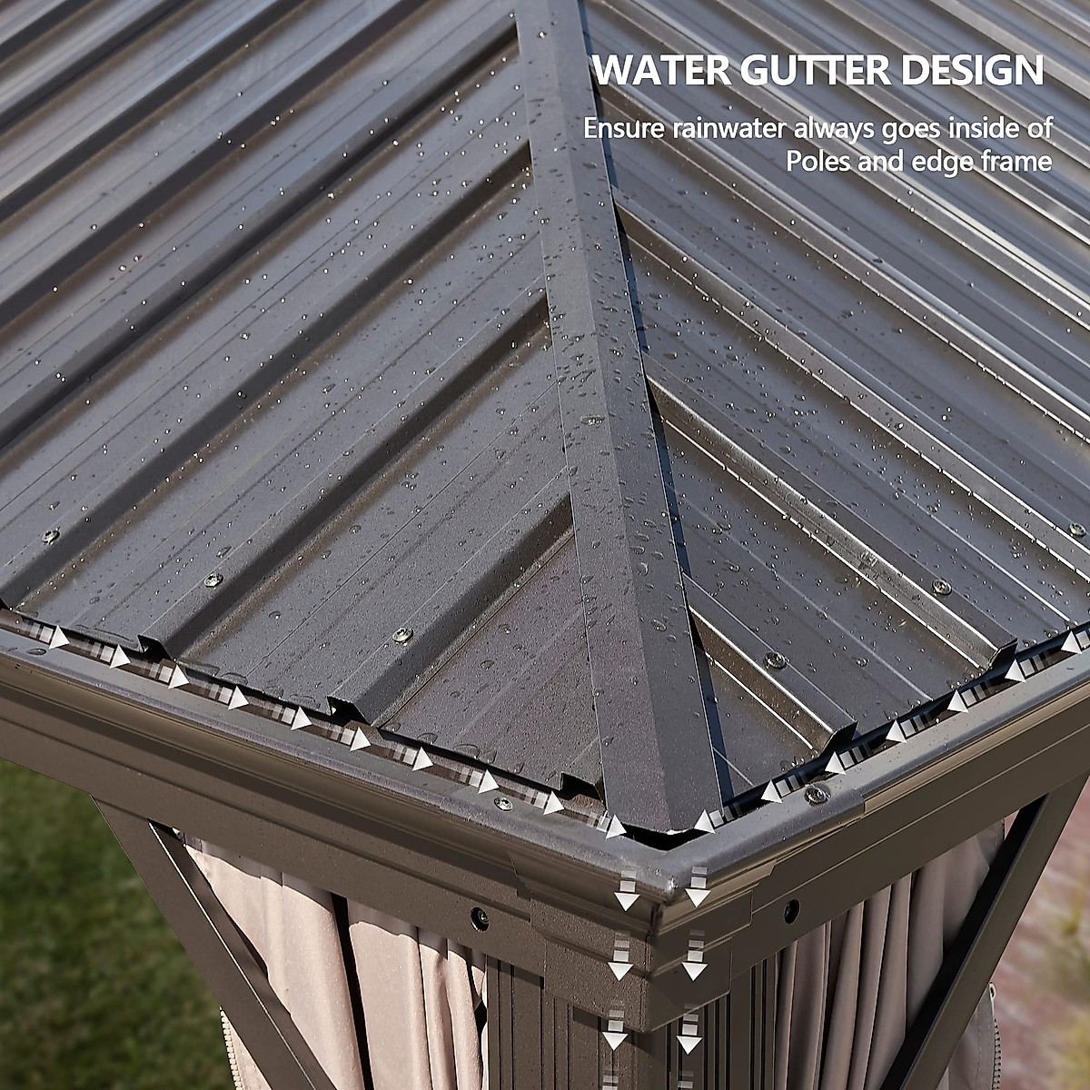 Ulax Furniture 12' x 16' Outdoor Gazebo Patio Permanent Hardtop Pergola with Aluminum Frame Galvanized Steel Double Roof Mosquito Net and Privacy Curtain