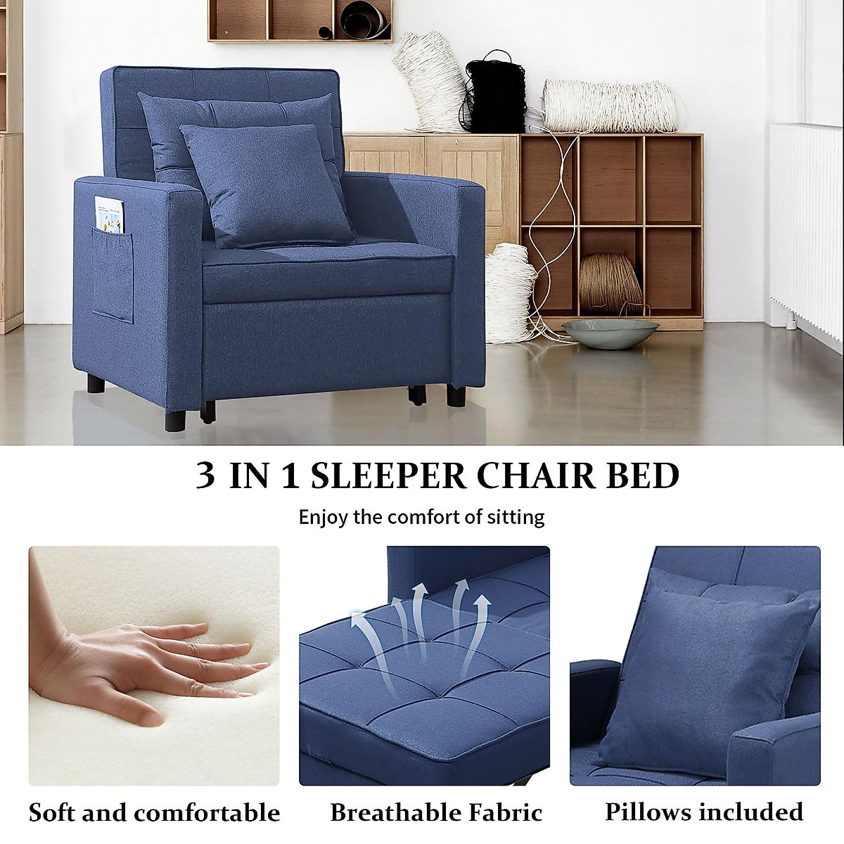GOOGIC Convertible Chair Bed, 3-in-1 Folding Sofa Bed Chair with Adjustable Backrest, Multi-Functional Pull Out Sleeper Chair Bed Single Armchair Sofa Bed with Side Pocket (Blue)