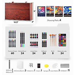 194 Piece Deluxe Art Set, Painting Drawing Art Supplies with 4 Drawing Pads, Acrylic Paints, Crayons, Colored Pencils Set in Wooden Case, Art Kit Gift Box for Kids, Teens, Adults, Artists, Beginners