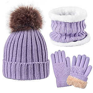 Kids Winter Knit Beanie Hat Scarf and Gloves Set for Girls Boys Warm Thick Fleece Lined Thermal Purple Skull Cap Mittens Infinity Scarf Neck Warmer with Pompom for 6-10 Years Old Baby Toddler Children