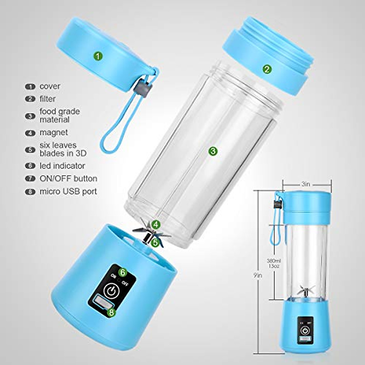 Dr.me Portable Blender, Personal Mixer Fruit Rechargeable with USB, Mini Blender for Smoothie, Fruit Juice, 380ml, Six 3D Blades for Great Mixing