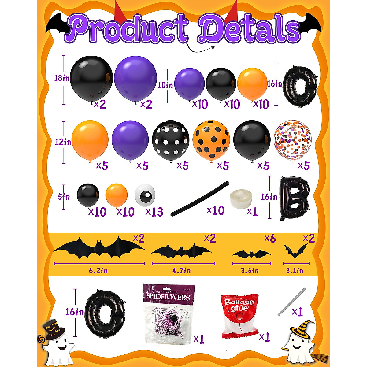Oomloid 126 Pcs Halloween Balloon Garland Arch Kit, Halloween Party Decorations Include Spider Web, Bats, Purple Orange and Black Balloons for Halloween Birthday Party Supplies Decor
