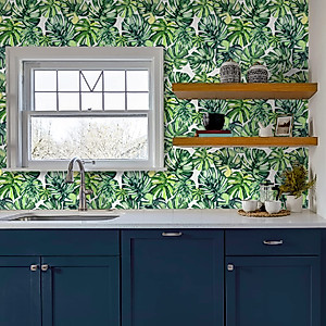 CHIHUT Green Leaf Peel and Stick Wallpaper 17.7''x236'' Green Tropical Botanical Palm Leaf Wallpaper Mural Self Adhesive Removable Wall Paper Vinyl Leaves Contact Paper for Wall Cabinets Nursery Decor