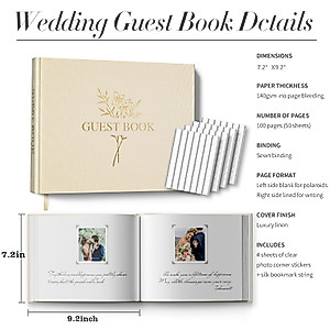 Wedding Guest Book with 216 Photo Corners Stickers, Linen Guestbook to Sign at Bridal Shower or Wedding Reception Party,100 Pages, Blank Thick Paper Books for Baby Shower Memorial Service- Beige