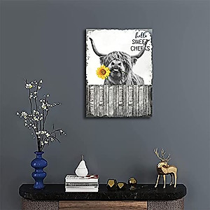 Bathroom Wall Art Highland Cow Farmhouse Bathroom Decor Sunflower Funny Bathroom Poster Rustic Canvas Print Painting Black and White Animal Pictures for Toilet Modern Home Framed Artwork 12"x16"