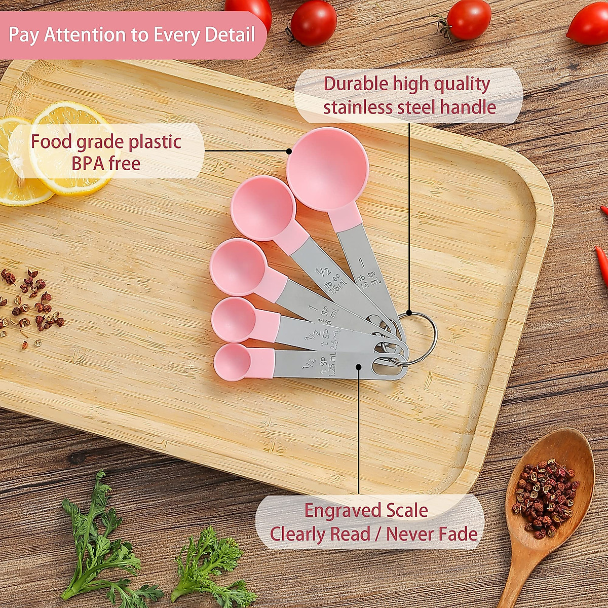 Measuring Cups and Spoons Set of Huygens Kitchen Gadgets 10 Pieces, Stackable Stainless Steel Handle Measuring Cups for Measuring Dry and Liquid Ingredient (Pink)