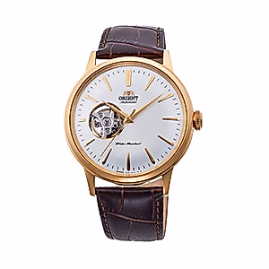 Orient 'Bambino Open Heart' Japanese Automatic Stainless Steel and Leather Dress Watch, Gold, Default Title, Strap