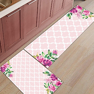 Kitchen Rug Sets 2 Piece Pink Morocco Pattern Non Slip Anti Fatigue Floor Mats Blooming Flowers Spring Comfort Soft Absorb Cushioned Standing Doormat Runner Rugs (15.7x23.6+15.7x47.2 inch)
