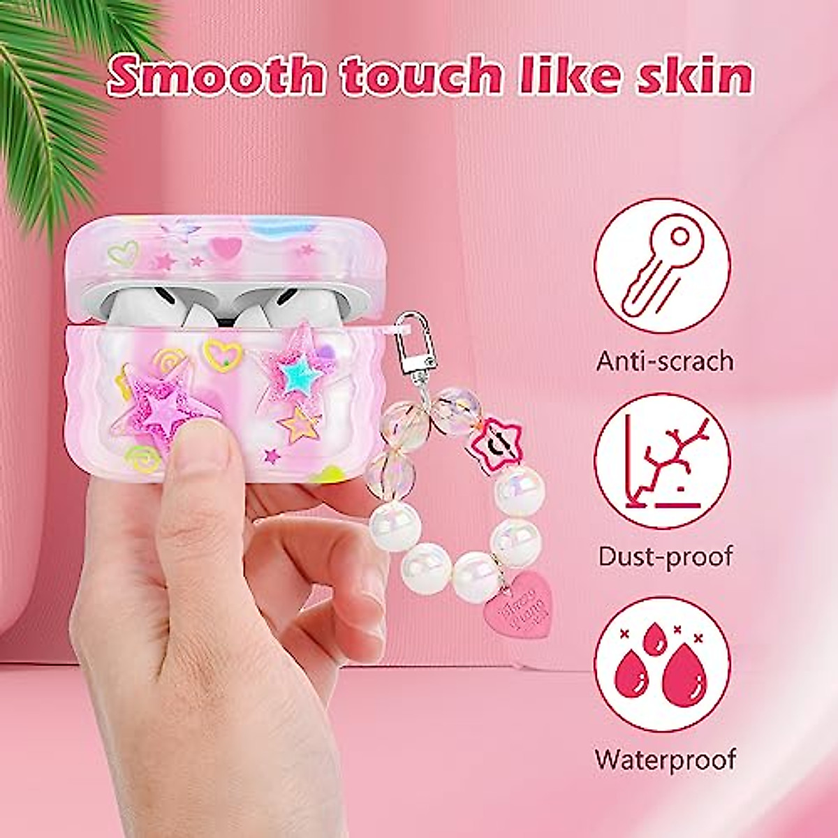 Cute AirPods Pro 2 Case with Love Pendant Colorful Round Bead Keychain, Glitter 3D Stars Design Soft Protective Cover Compatible with AirPods Pro 2nd Generation 2022 Case for Women and Girls