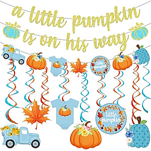 A LITTLE PUMPKIN IS ON THE WAY Banner And Little Pumpkin Hanging Swirls,Little Pumpkin Banner,Thanksgiving/Fall Baby Shower Decorations for Toy And Game