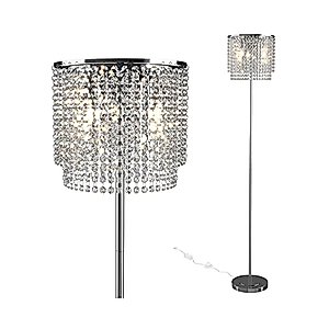 Crystal Floor Lamp, Modern Standing Lights 64.9" Tall Pole Lamp Elegant Chrome Finish with Crystal Shade Floor Lamp Bright Floor Lamp for Living Room Bedroom Office Study Room Girls Room Silver