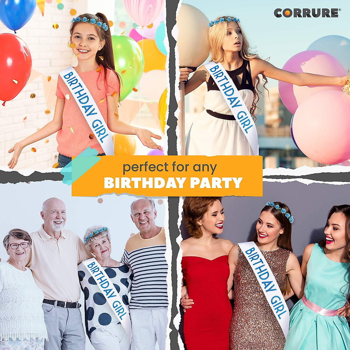 CORRURE 'Birthday Girl' Sash and Tiara - Soft Satin Black with Blue Glitter Birthday Sash for Women with Flower Headband - Ideal Sweet 16, 18th 21st 25th 30th 40th or Any Other Bday Party