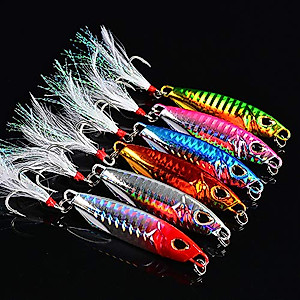 Jigging Lures Fishing, 30g Slow Jig Baits, Offshore Micro Jigs for Tuna King Sna Grouper Bass, Metal Jig with Treble Hook and Assist Hooks 7Pieces/6Pieces