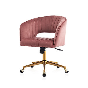 FENFSHE Home Office Chair Swivel Velvet Desk Chair, Vanity Chair with 360 Swivel Armchair and Gold Base,for Living Room, Bedroom, Vanity, Study (Pink)