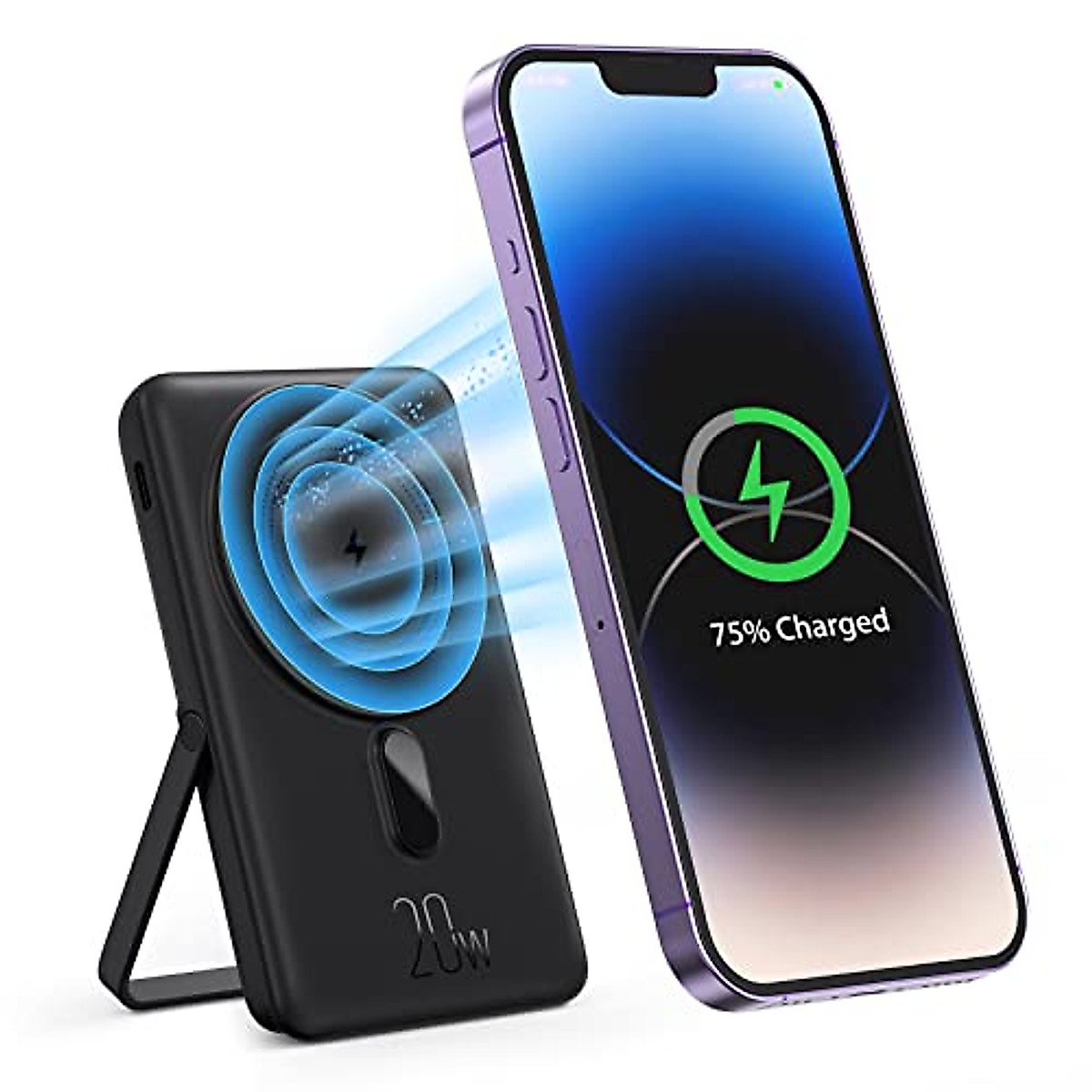 Magnetic Wireless Power Bank, Max 15W, 10000mAh Portable Charger with USB-C, Slim PD 20W Fast Charging Mag-Safe Battery Pack with LED Display and Foldable Stand for iPhone 14/13/12 Pro/Mini/Pro Max