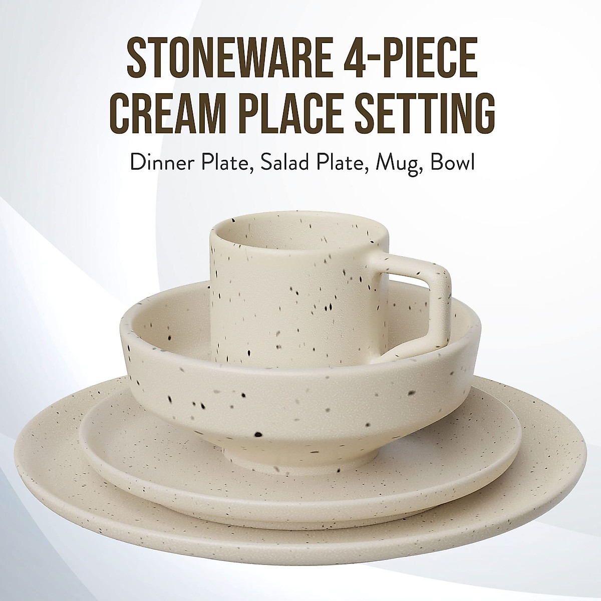 American Atelier Reactive 4-Piece Stoneware Place Setting | Coffee Mug, Bowl, Plate Set | Kitchenware | Stoneware Dinnerware Set | Microwave, Dishwasher Safe | Service for 1 (Speckled Cream)