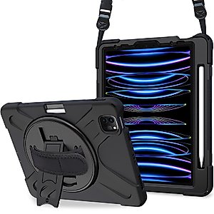 ProCase for iPad Pro 11 Inch Case 2022 2021 2020 2018, Rugged Heavy Duty Shockproof Cover with Hand Strap Shoulder Strap for iPad Pro 11" 4th 3rd 2nd 1st Generation -Black
