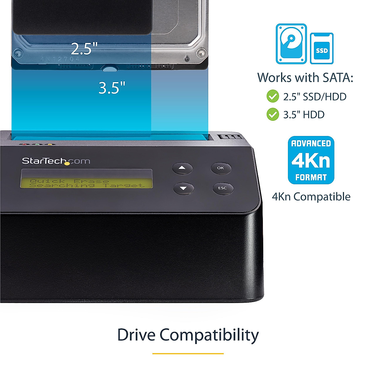 StarTech.com Single Bay Hard Drive Eraser, Standalone HDD/SSD Disk Wiper/Sanitizer, 4Kn, USB 3.0 to SATA III, 9 Erase Modes, LCD, RS232 Printer Port, Hardware Erasing Tool, TAA Compliant (SDOCK1EU3P2)