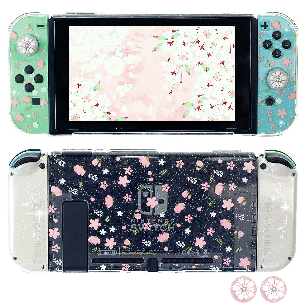 FANPL Glitter Clear Case for Nintendo Switch, Hard Shell Cute Protective Case Cover for Switch and Joy Con Controller with 2 Glitter Cherry Blossoms Thumb Grips - Embossed Feel (Pink Sakura Snow)
