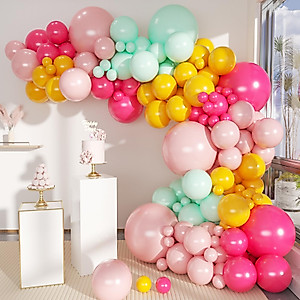 MEBAY Balloons Arch Kit, 146Pcs Matte Rose Red Tender Pink Macaron Green Yellow Latex Balloon Different Sizes 18 12 10 5 Inch for Birthday Baby Bridal Shower Wedding Party Backdrop Decorations