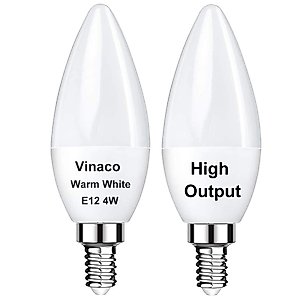 Vinaco E12 LED Bulb, 2 Pack E12 Candelabra Bulb 40 Watt Warm White 3000K, High Brightness 400LM & 25000+ Long Lifespan E12 Bulb, E12 Candelabra Base, E12 Light Bulb Great for Ceiling Fan Light Bulb