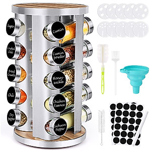 Spice Rack Organizer with Jars for Cabinet (20Pcs) Revolving/Rotating Seasoning Organizer, Stainless Steel/Wooden Countertop Rack Tower Organizer for Kitchen Pantry with Reusable Labels/Funnel/Brushes