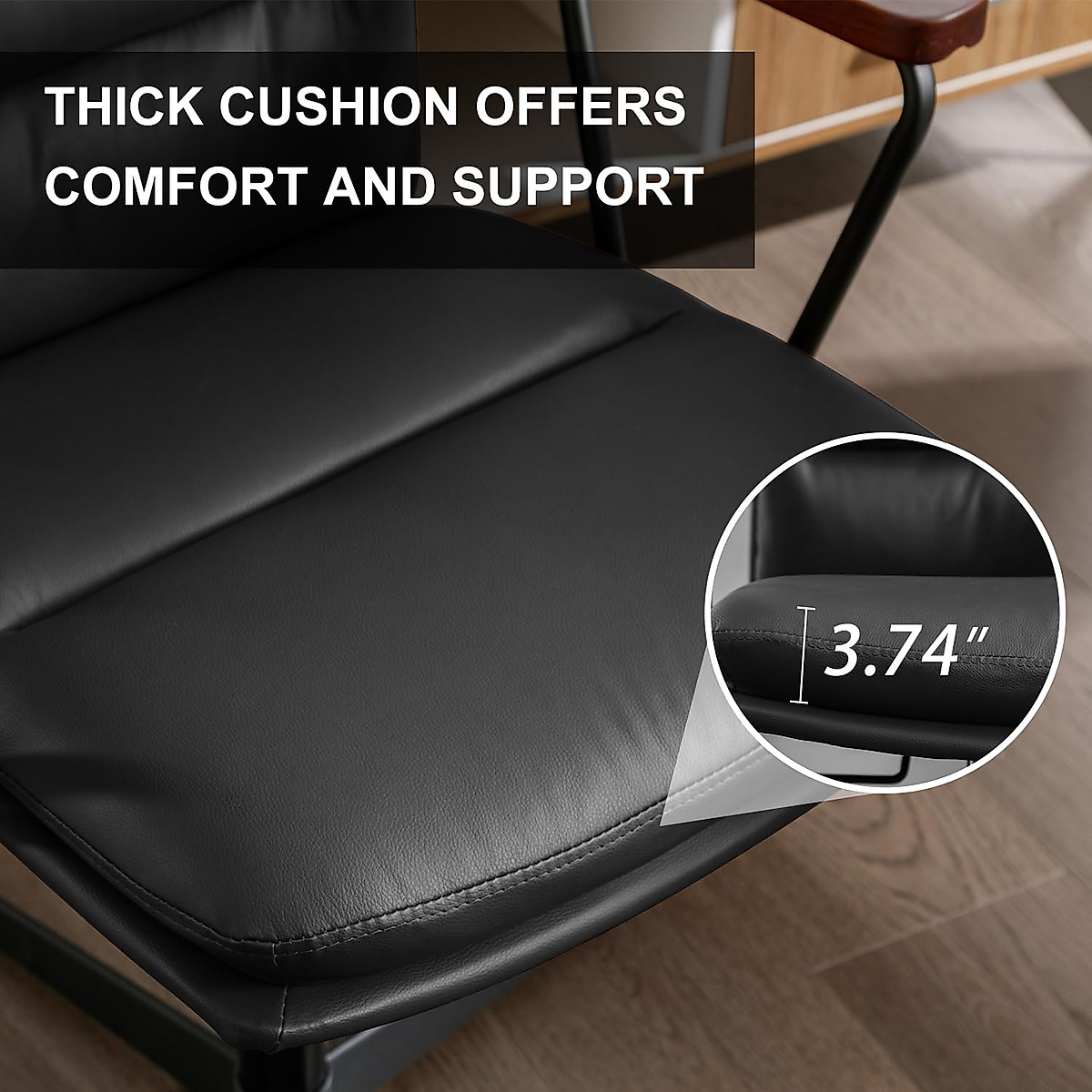 Okeysen Office Desk Chair No Wheels, PU Padded Criss Cross Chair with Wooden Armrests, Ergonomic Mid Back Adjustable Computer Chair, Cute Armless Swivel Task Vanity Accent Chair for Home Office, Black