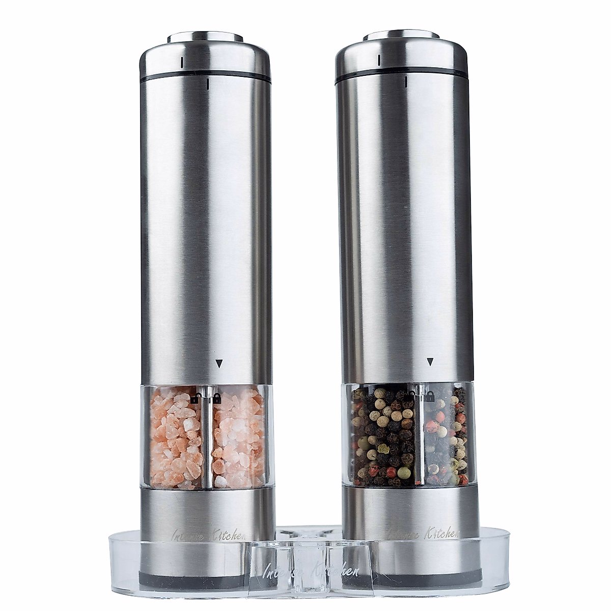 Electric Salt and Pepper Grinder Set by Intense Kitchen - Battery Operated Stainless Steel with Light & Clear Container Mills (2)- Adjustable Ceramic Coarseness - Fast Powerful Mill - One Hand Shakers