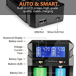 Universal Battery Charger 18650 Charger, Zanflare C2 Smart Charger LCD Display Quick Charge for Rechargeable Batteries Ni-MH Ni-Cd AA AAA SC, Li-ion 18650 26650 26500 22650 18490 17670,USB 5V 2A