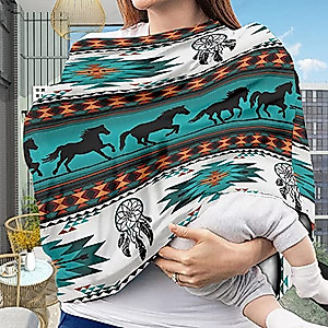 JOAIFO Aztec American Native Horse Print Nursing Cover Blue and White Tribal Baby Stroller Canopy Cover
