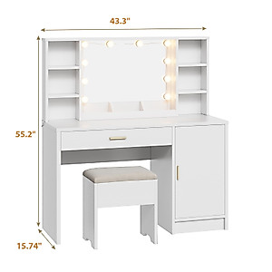 Vanity Desk with Mirror and Lights, 43'' Tabletop Makeup Vanity with Multiple Shelves & Large Cabinet, 3 Color Lighting Modes Adjustable Brightness, Makeup Table with Soft Cushioned Stool, White