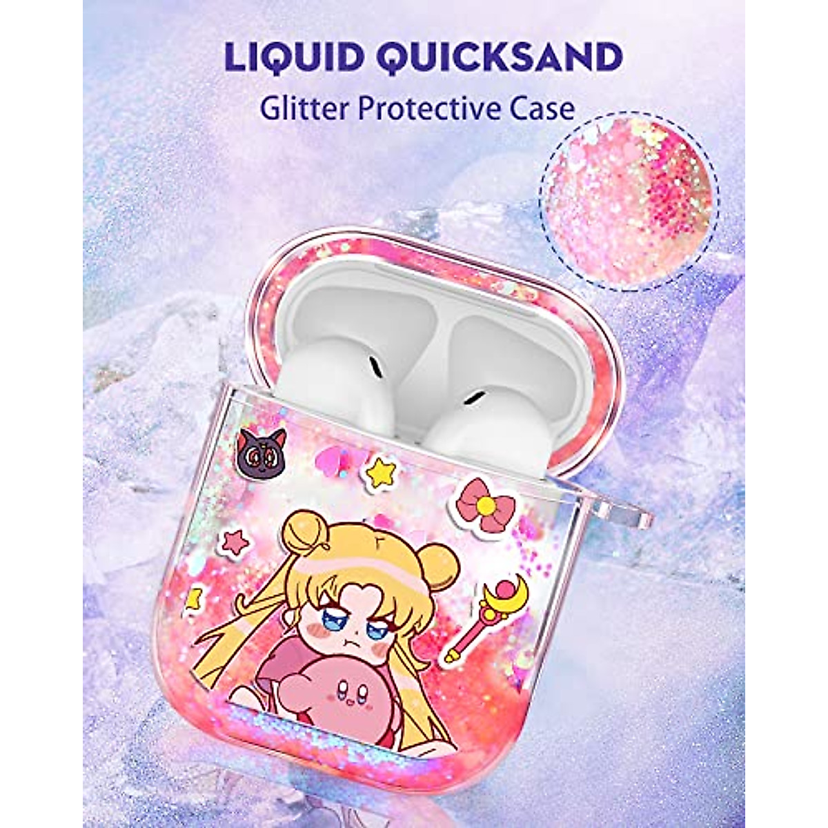 Besoar for AirPods 1/2 Case Bling Glitter Liquid Quicksand Cute Cartoon Anime Kawaii with Keychain for Apple AirPod Cases Sparkly Design Covers for Girls Women Kids Covers for Air Pods 2nd/1st Shui