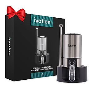 Ivation Stainless Steel Wine Aerator & Dispenser Set | Electric Battery-Operated Universal Wine Spout with Automatic Button Dispenser, Aeration Control, Stainless Steel Extension Rod & Storage Stand