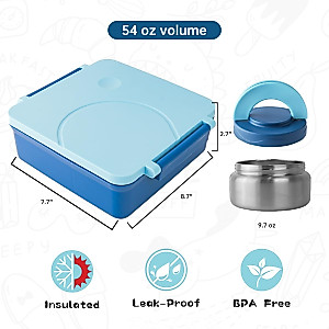 SKIEXOAD Bento box for kids - Insulated Lunch Box with 8oz thermos Food Jar ，Leak-proof Lunch Containers with 4-compartment BPA free and microwave-safe Gifts for kids (blue